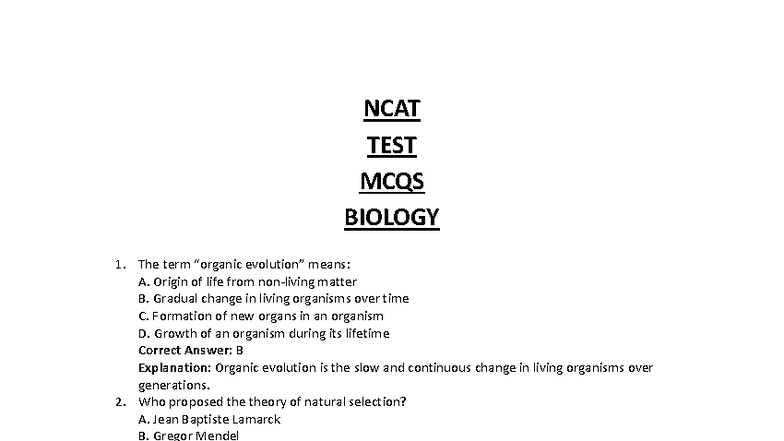 NCAT TEST 17 - VVS: Biology MCQs and Concepts - Studocu