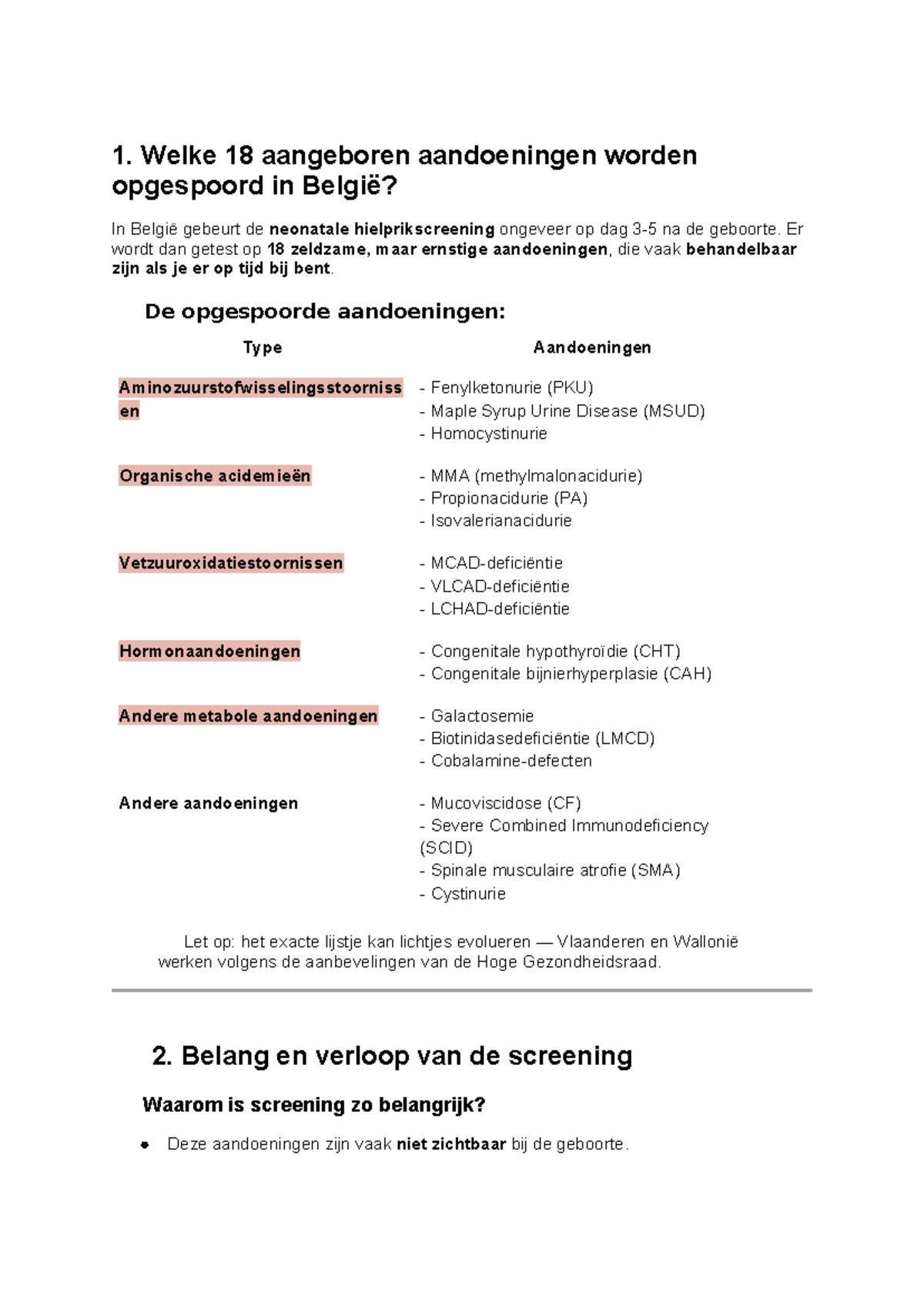 Aangeboren Aandoeningen en Neonatale Screening in België - Studocu