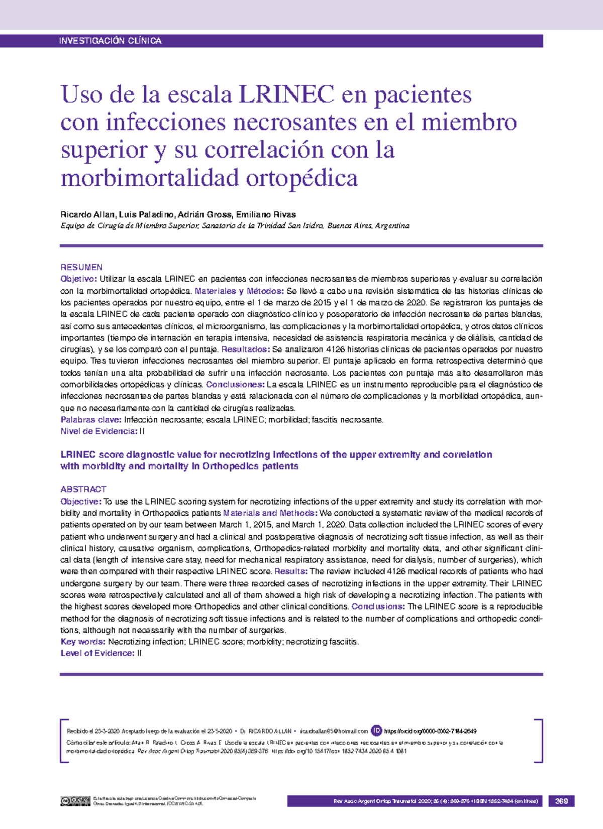 Uso de la escala LRINEC en infecciones necrosantes del miembro superior ...