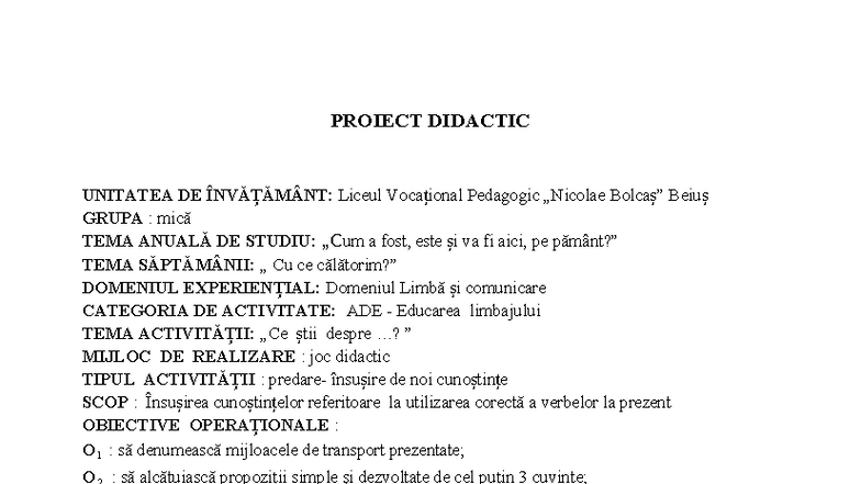Ce stii despre - joc didactic - PROIECT DIDACTIC UNITATEA DE ÎNVĂ ...