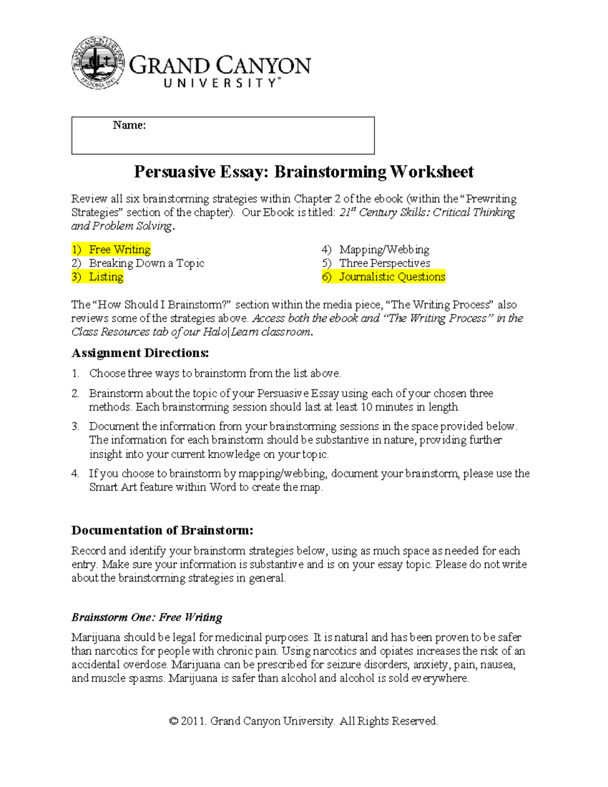 Persuasive Essay: Brainstorming Worksheet - Name: Persuasive Essay ...
