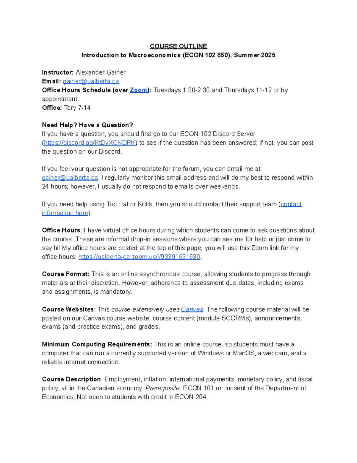 2025 Summer ECON 102 Course Outline and Resources - Studocu