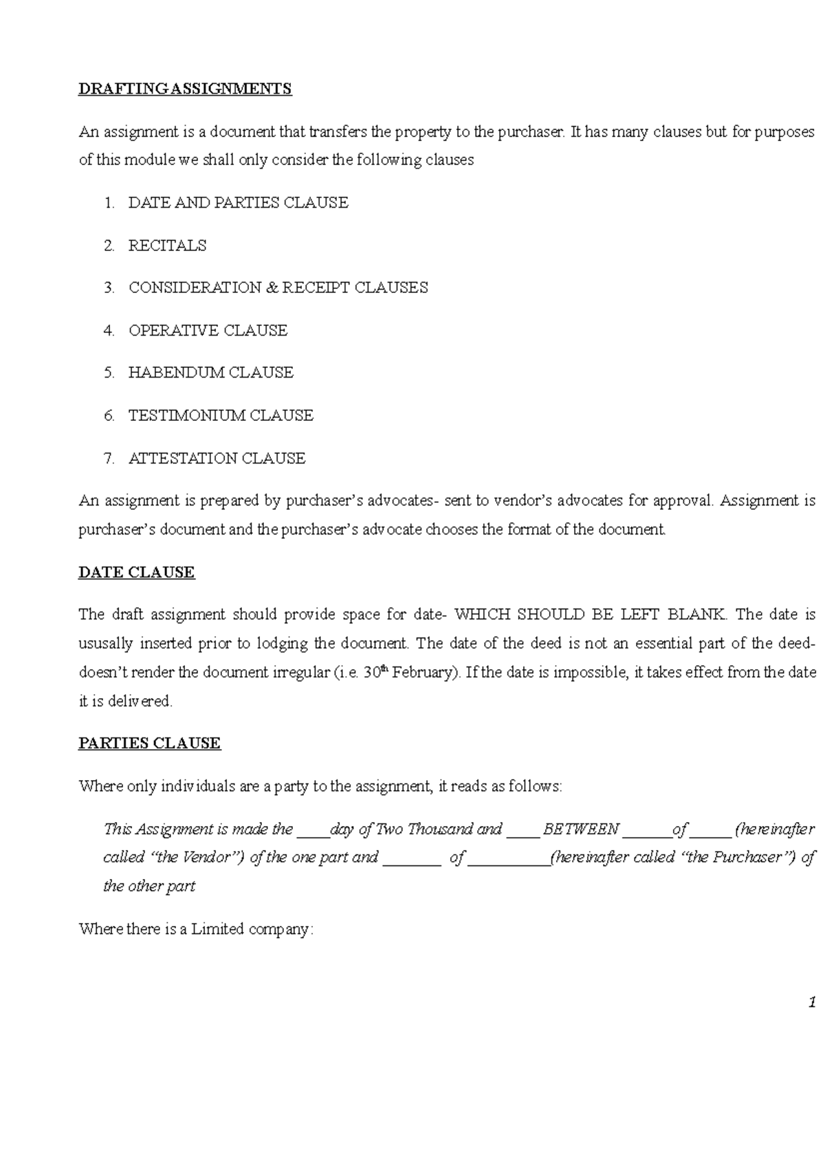 Unit 6 - Drafting Deeds of Assignment: Key Clauses Explained - Studocu