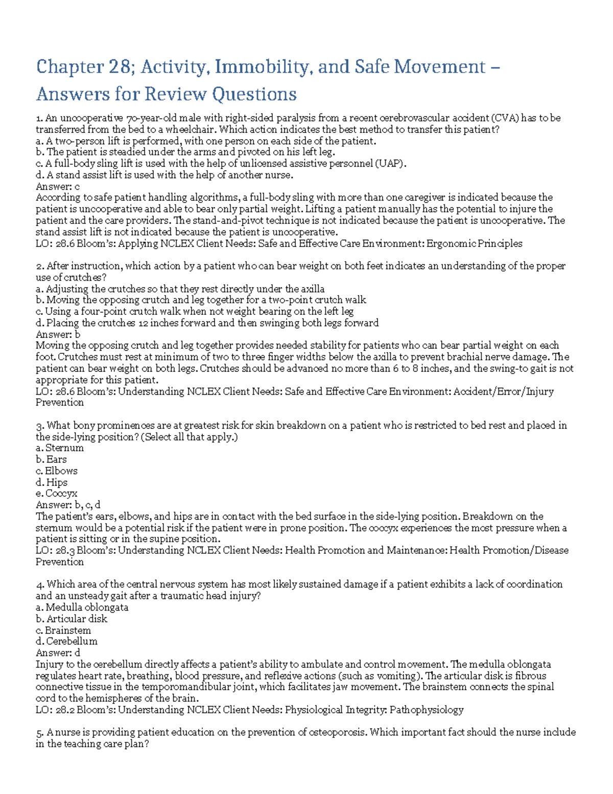 Chapter 28 Review Q&A: Activity, Immobility, & Safe Movement - Studocu