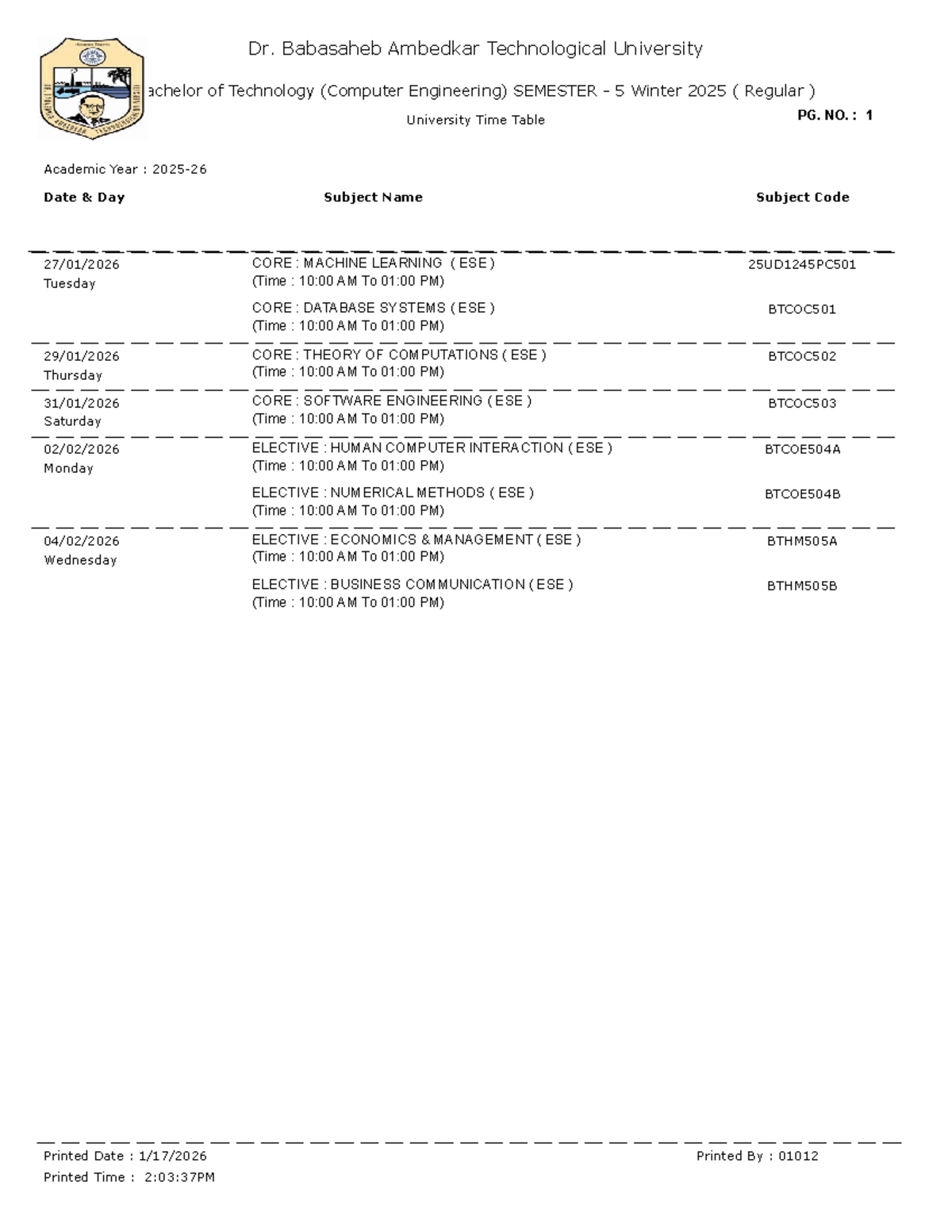B.Tech (Comp Engg) SEM 5 Winter 2025 Exam Time Table - Studocu