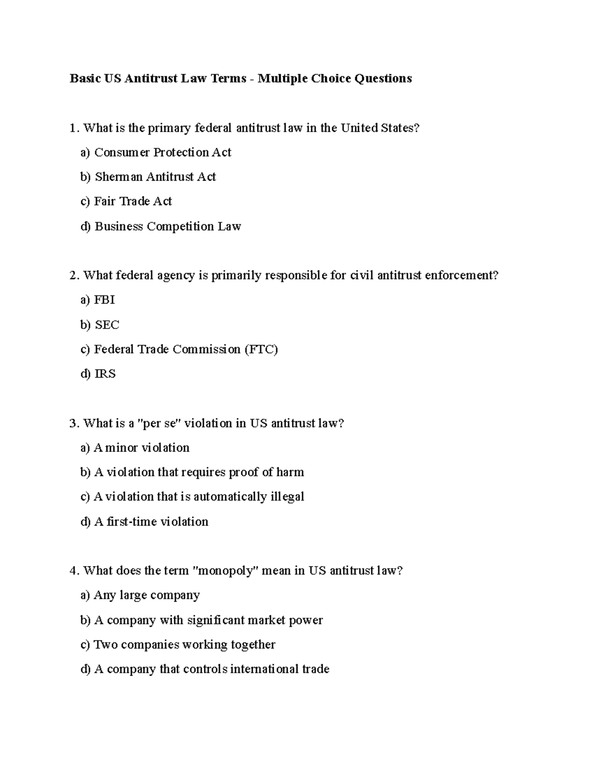 US Antitrust Law Class Activity 2024 - Basic US Antitrust Law Terms ...