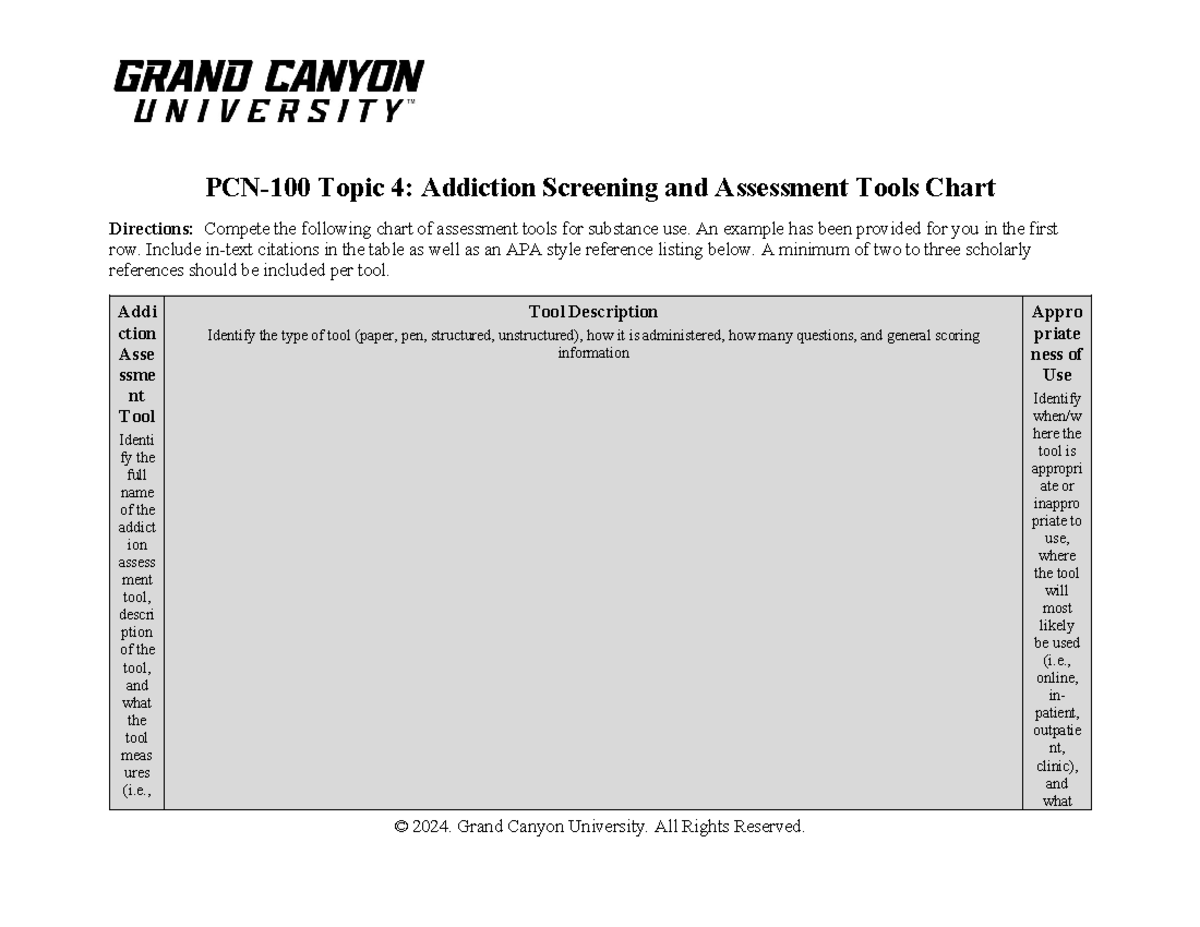 PCN 100: T4 Addiction Screening & Assessment Tools Chart - Studocu