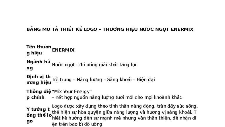 BẢNG MÔ TẢ THIẾT KẾ LOGO THƯƠNG HIỆU NƯỚC NGỌT ENERMIX - Studocu