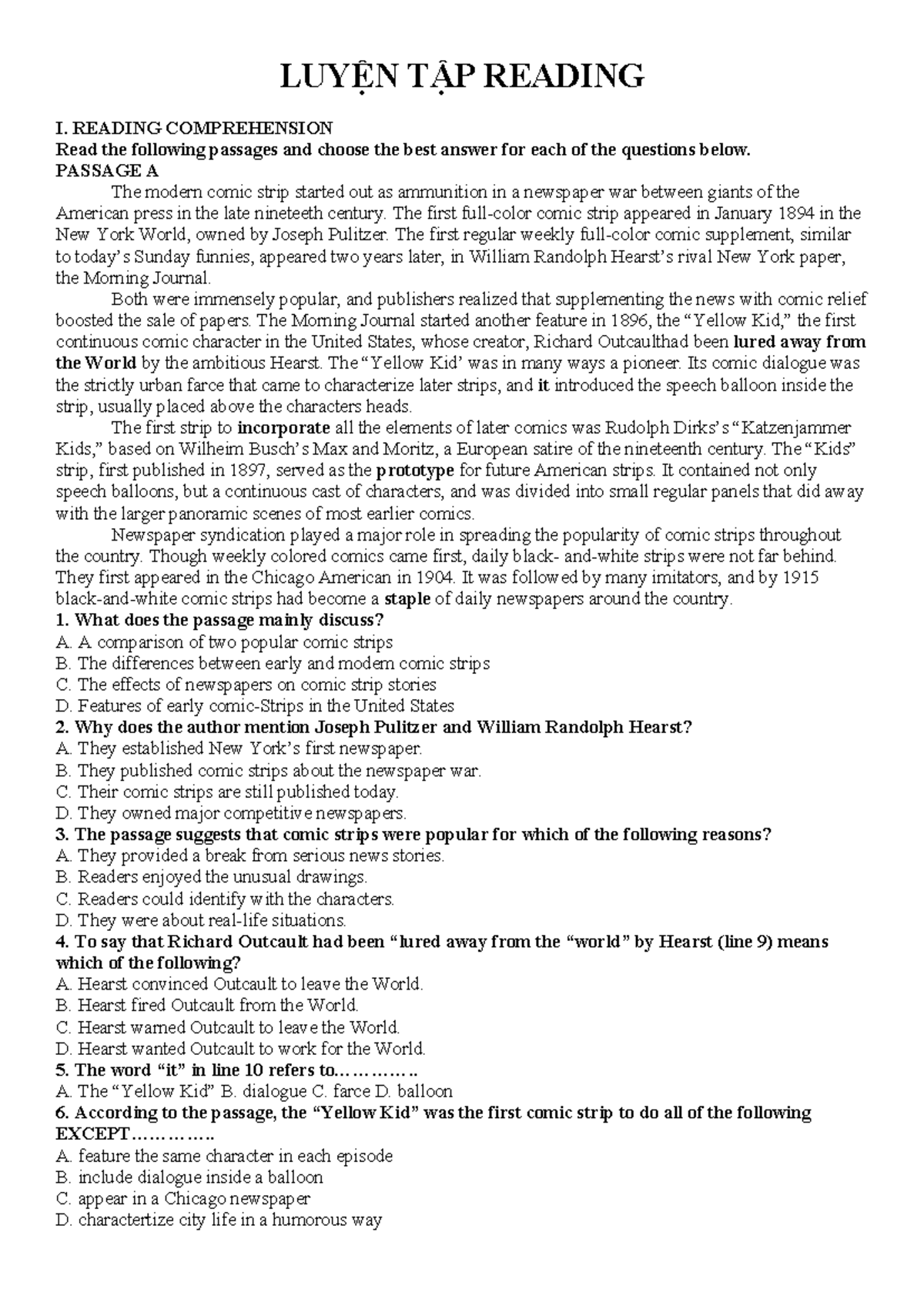 LUYỆN TẬP READING I: COMPREHENSION PRACTICE AND QUESTIONS - Studocu