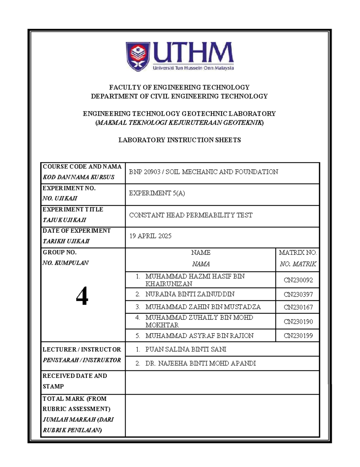 S5 - G4 LAB Report: Experiment 5 - Constant Head Permeability Test ...