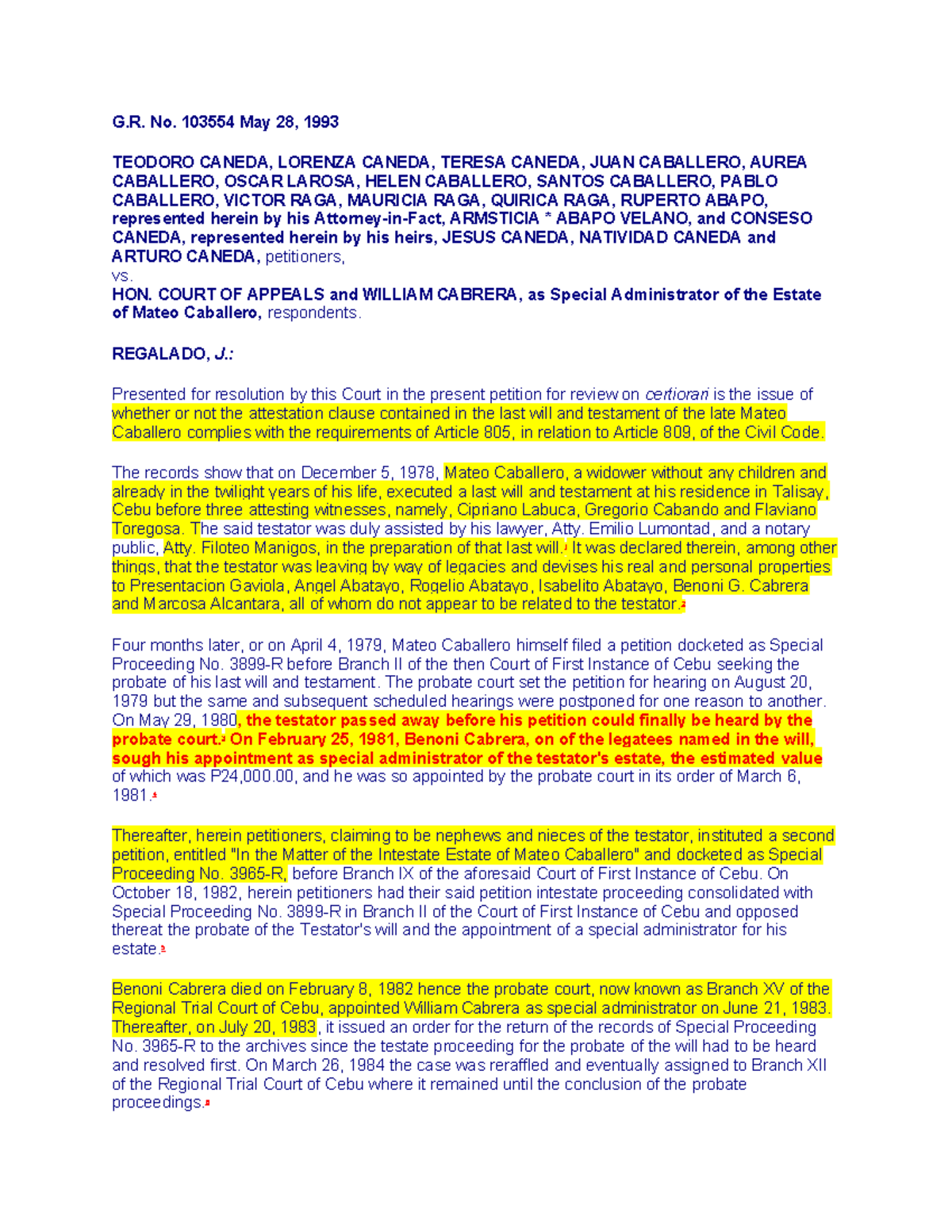 G.R. No. 103554: Cañeda vs. CA - Legal Notes on Will Probate - Studocu