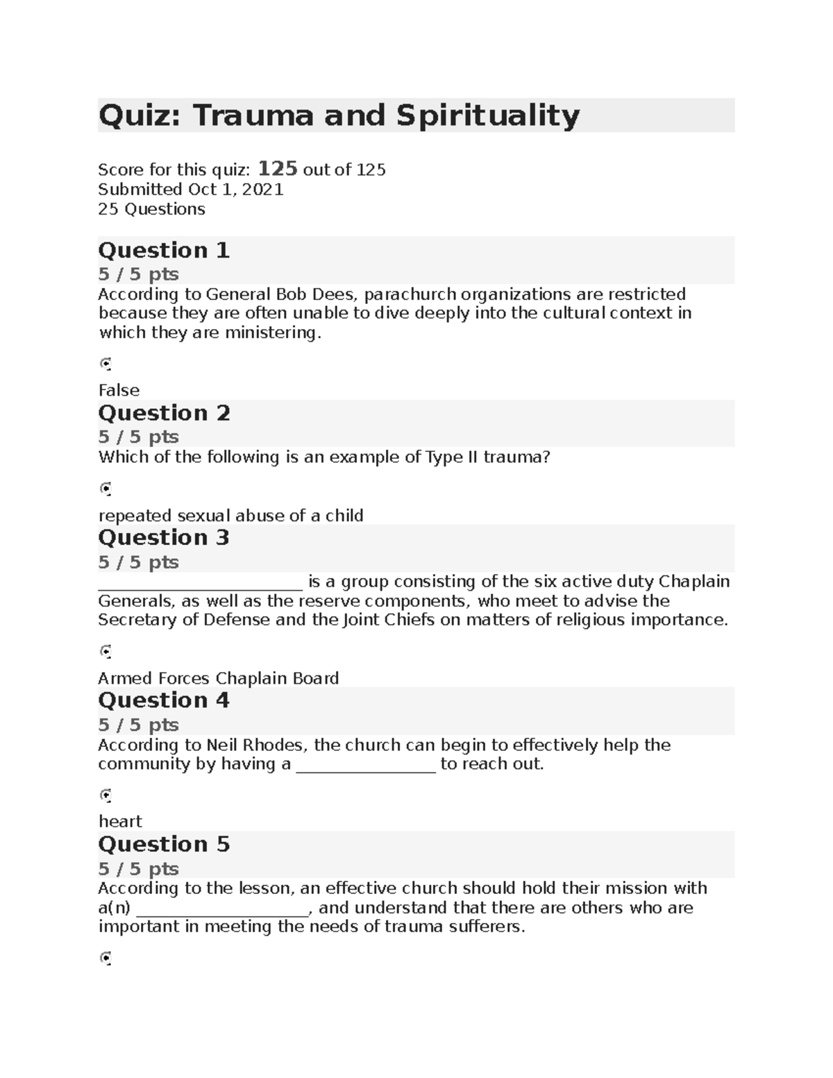 Quiz on Trauma and Spirituality: Score 125/125 - Studocu