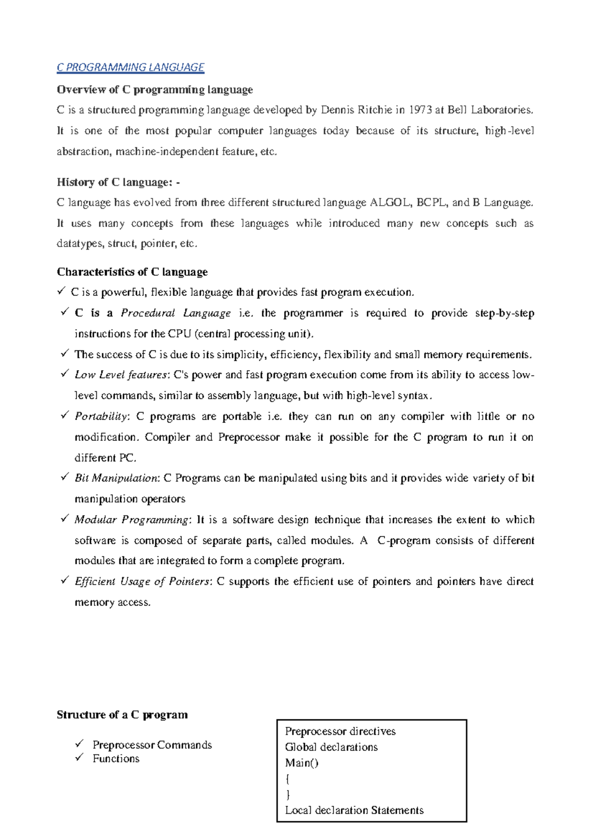 C Programming Language Overview: Key Concepts and Features - Studocu