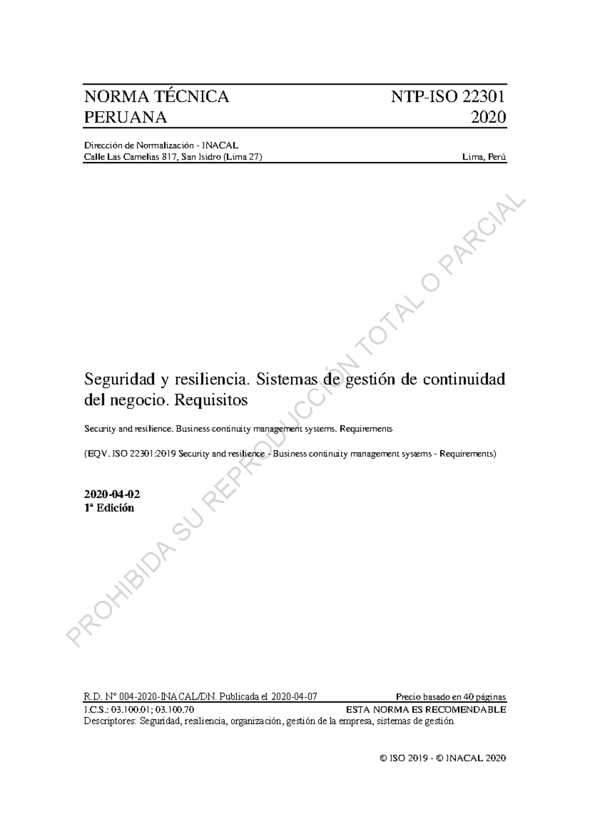 NTP-ISO 22301-2020 - Norma ISO /NTP - PROHIBIDA SU REPRODUCCIÓN TOTAL O PARCIAL © ISO 2019 ...