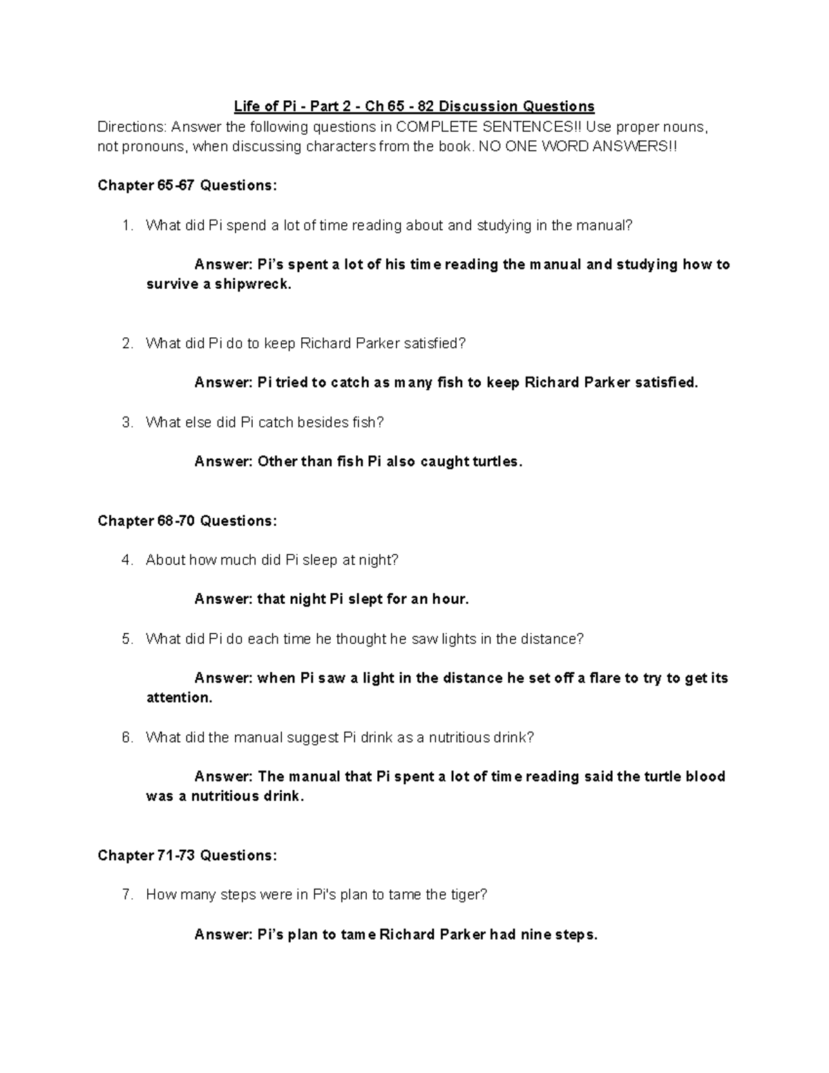 Life of Pi - Part 2 - Ch 65-82 Discussion Questions & Answers - Studocu