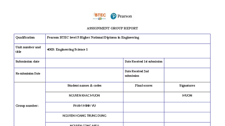 BTEC Level 5 HND Engineering Science Unit 4003 Group Report - Studocu
