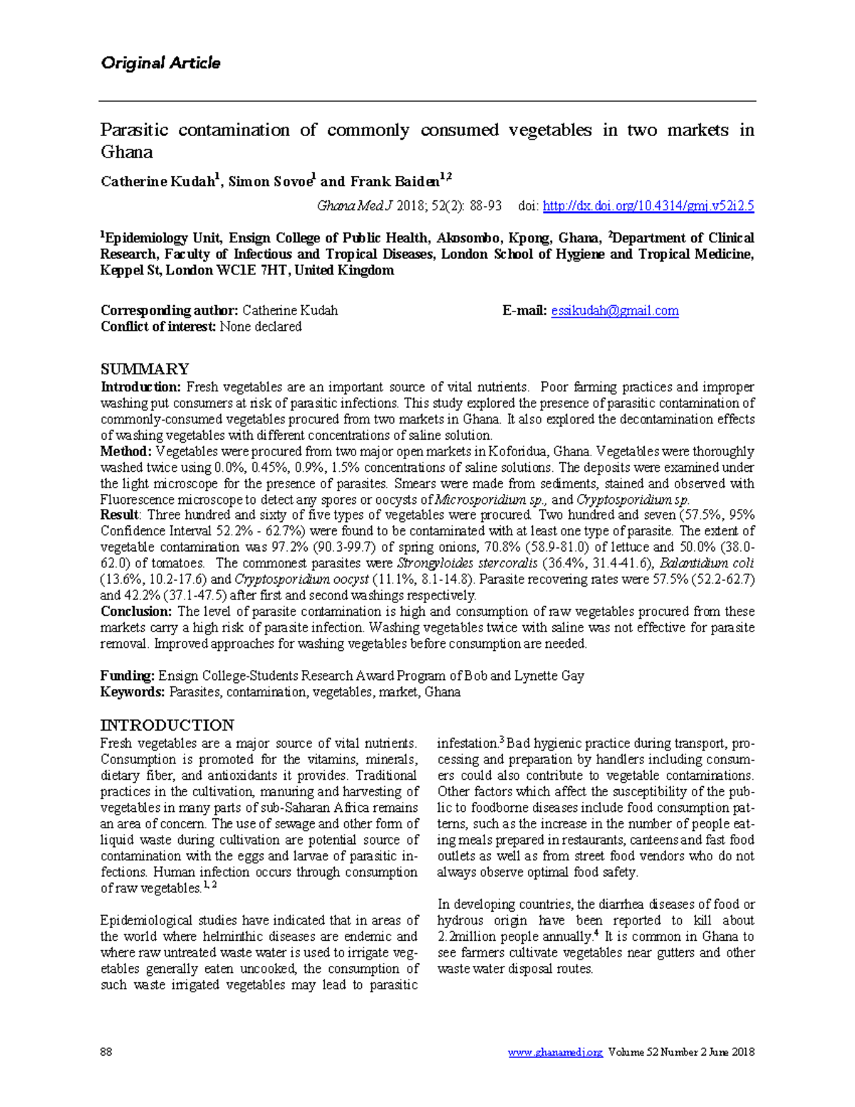 2019 3030437 - Study - 88 ghanamedj Volume 52 Number 2 June 2018 Parasitic contamination of ...