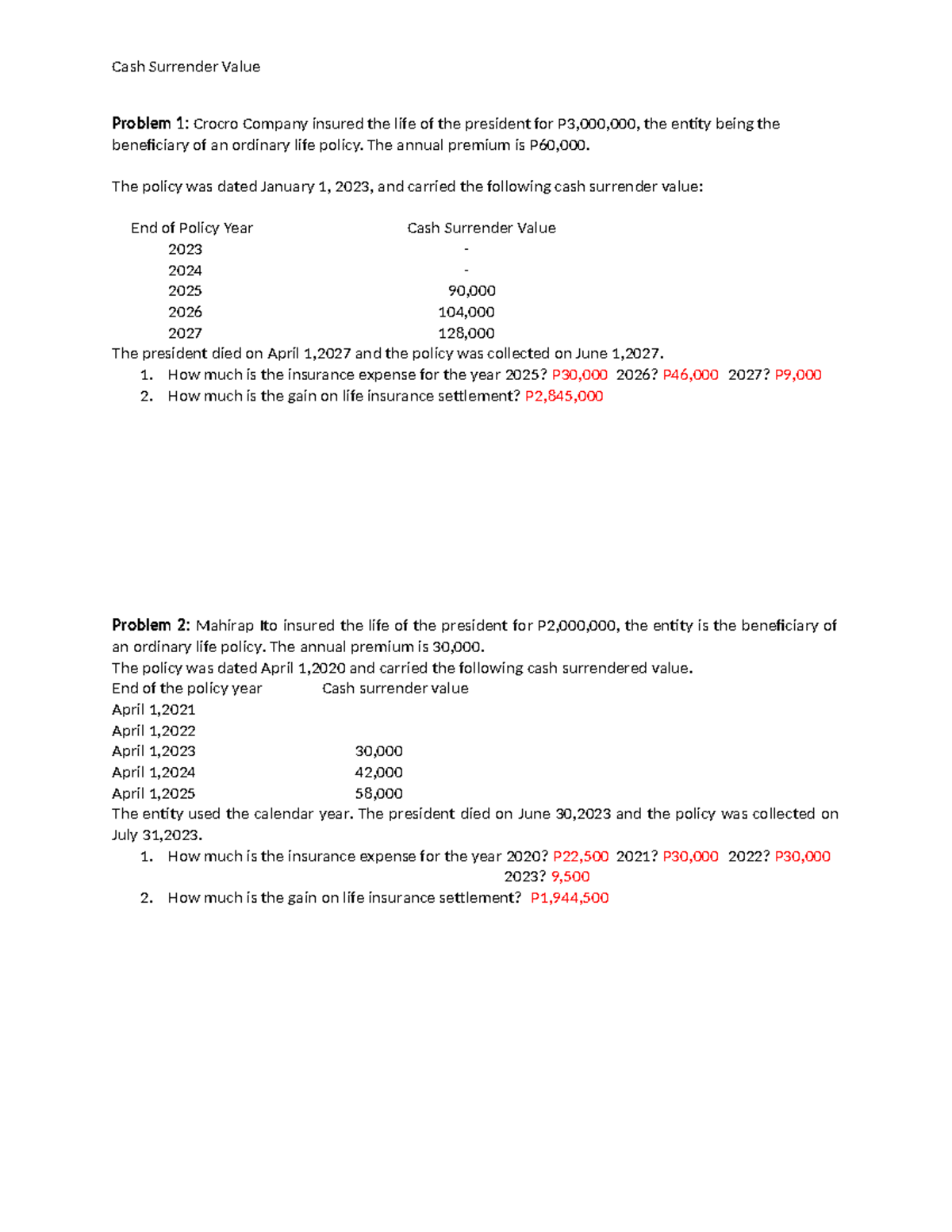 Cash Surrender Value - Cash Surrender Value Problem 1: Crocro Company ...