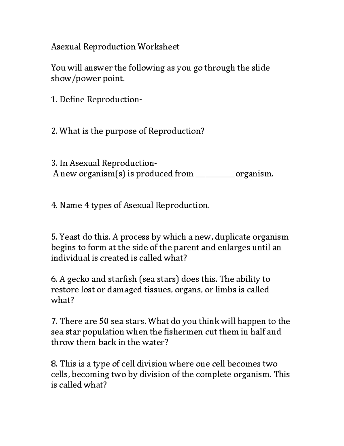 Asexual Reproduction Worksheet