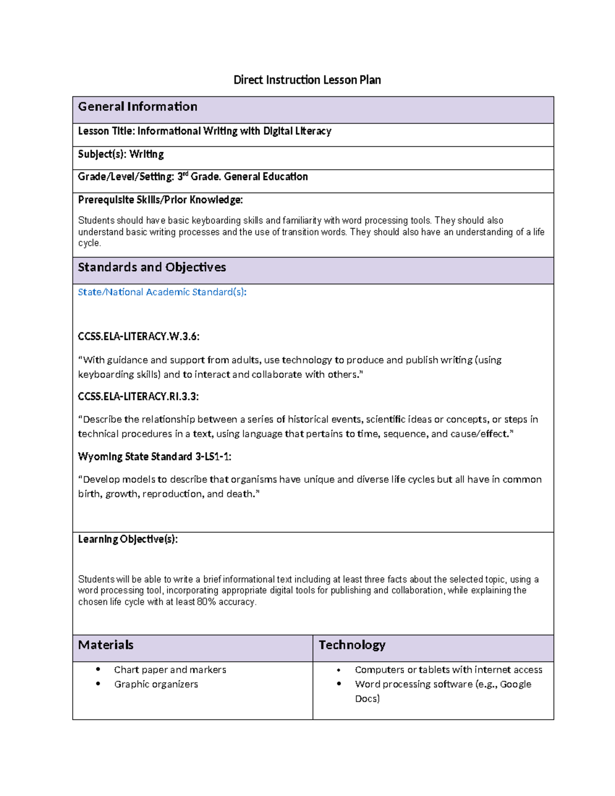Task 2 - Lesson Plan: Informational Writing & Digital Literacy (Grade 3 ...