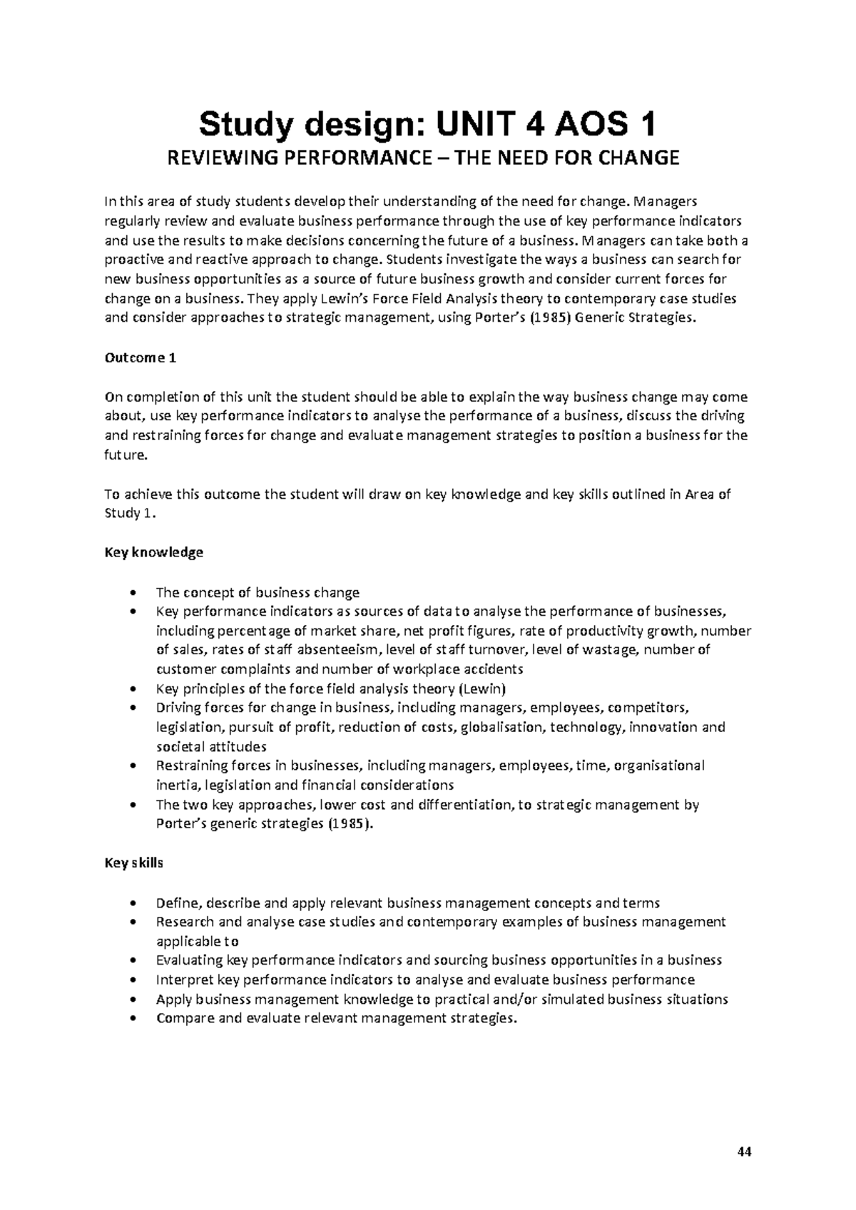 BM U4 notes - Study design: UNIT 4 AOS 1 REVIEWING PERFORMANCE – THE ...