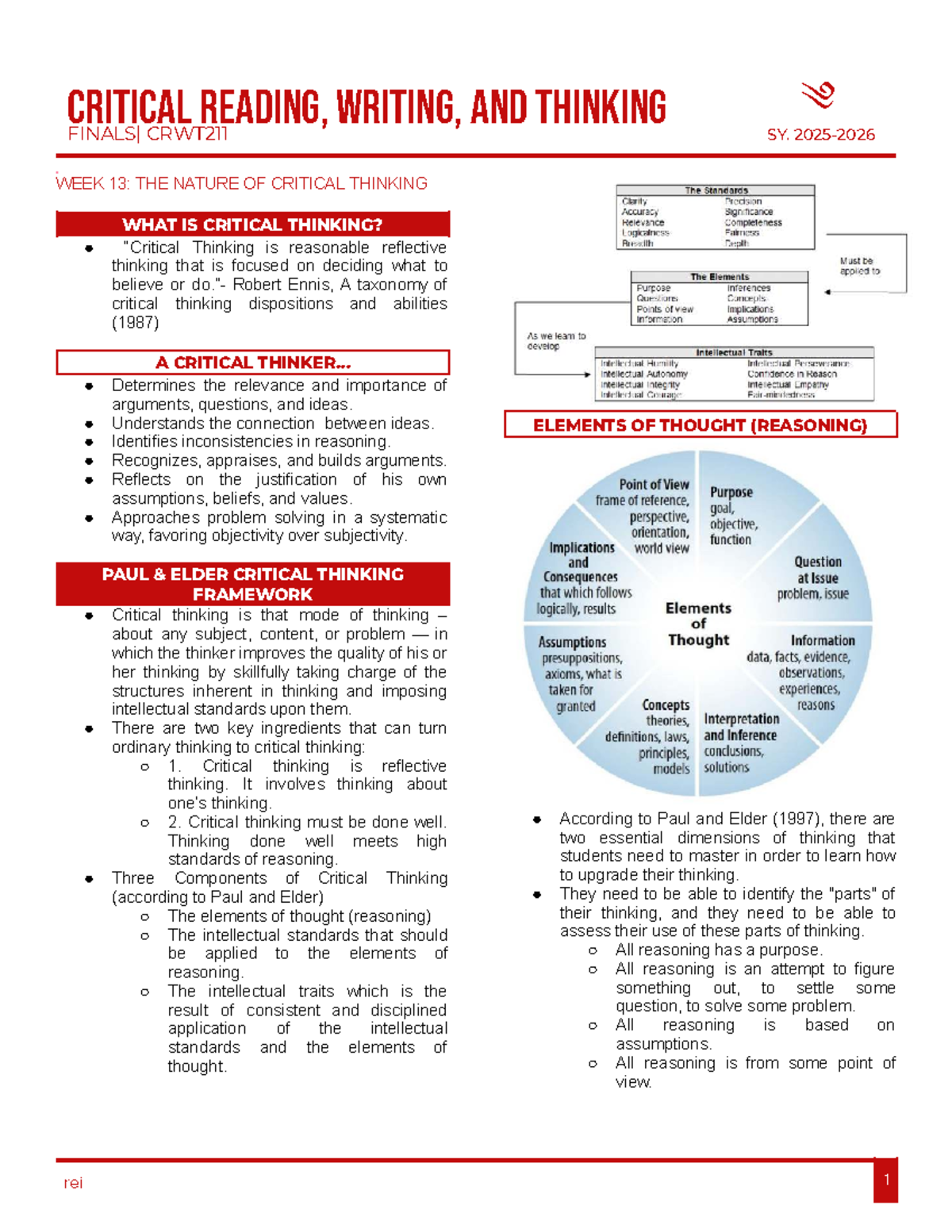 CRWT211 SY: Week 13 & 14 Critical Thinking Review Notes - Studocu
