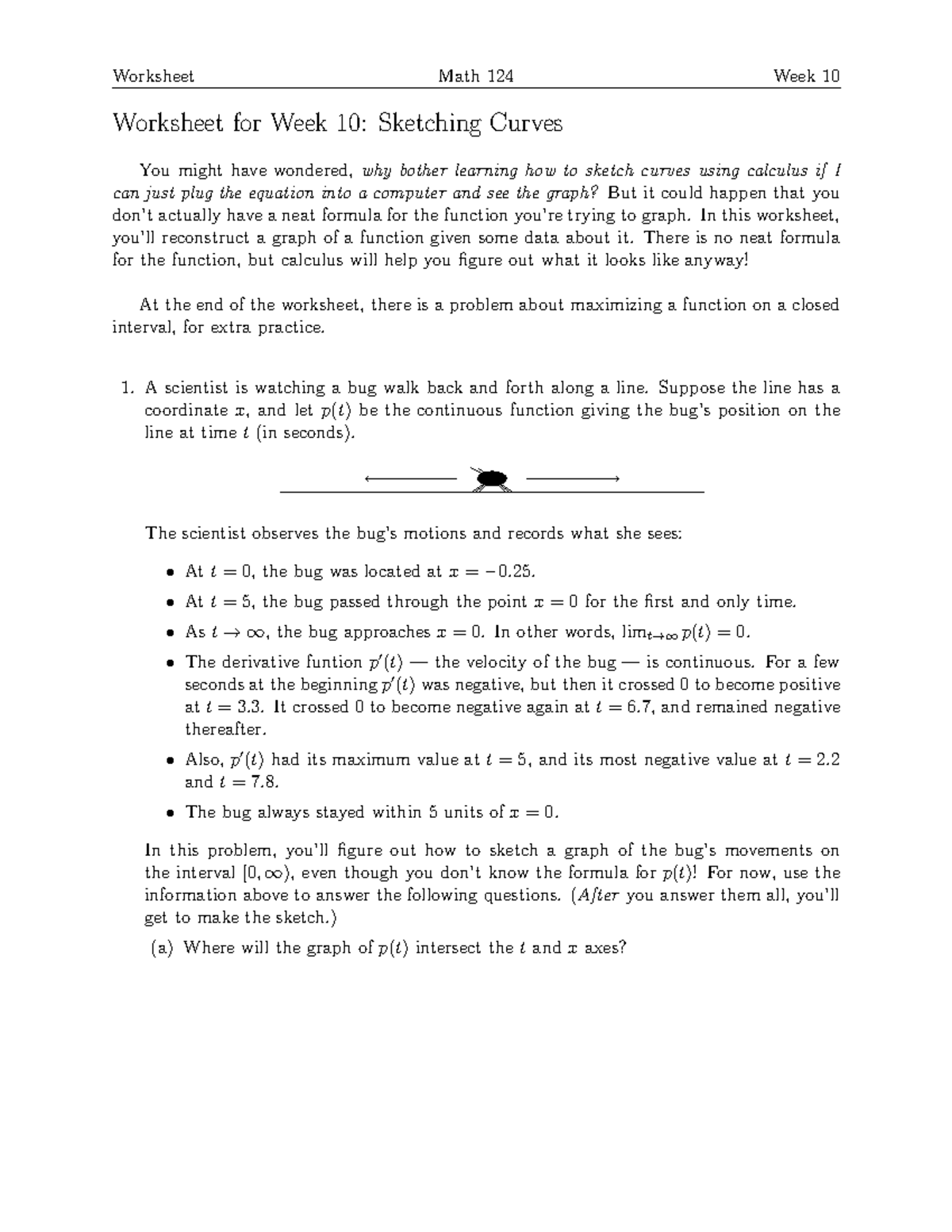 124ws10 - Week 10 Worksheet: Sketching Curves & Max Optimization - Studocu