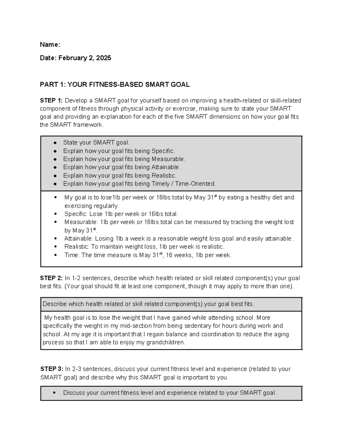 Health & Fitness SMART Goal Plan for Personal Wellness - Studocu