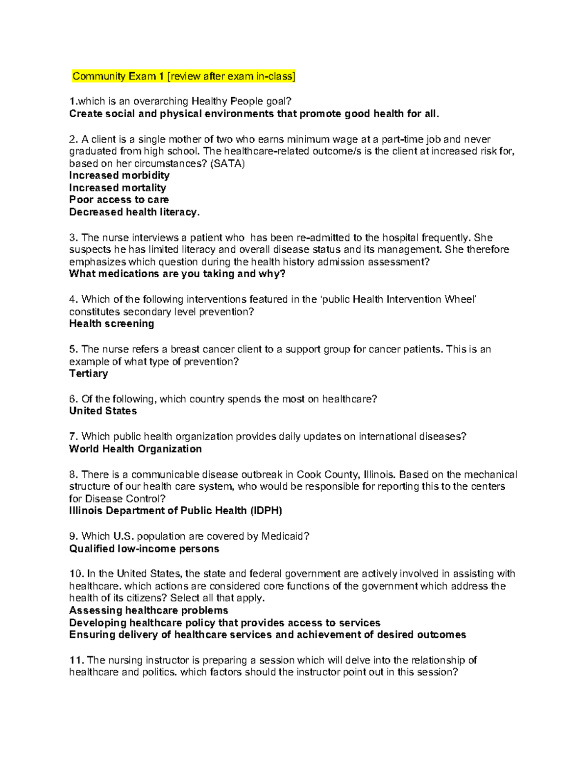 Community Exam 1 Review - Essential Public Health Concepts and ...