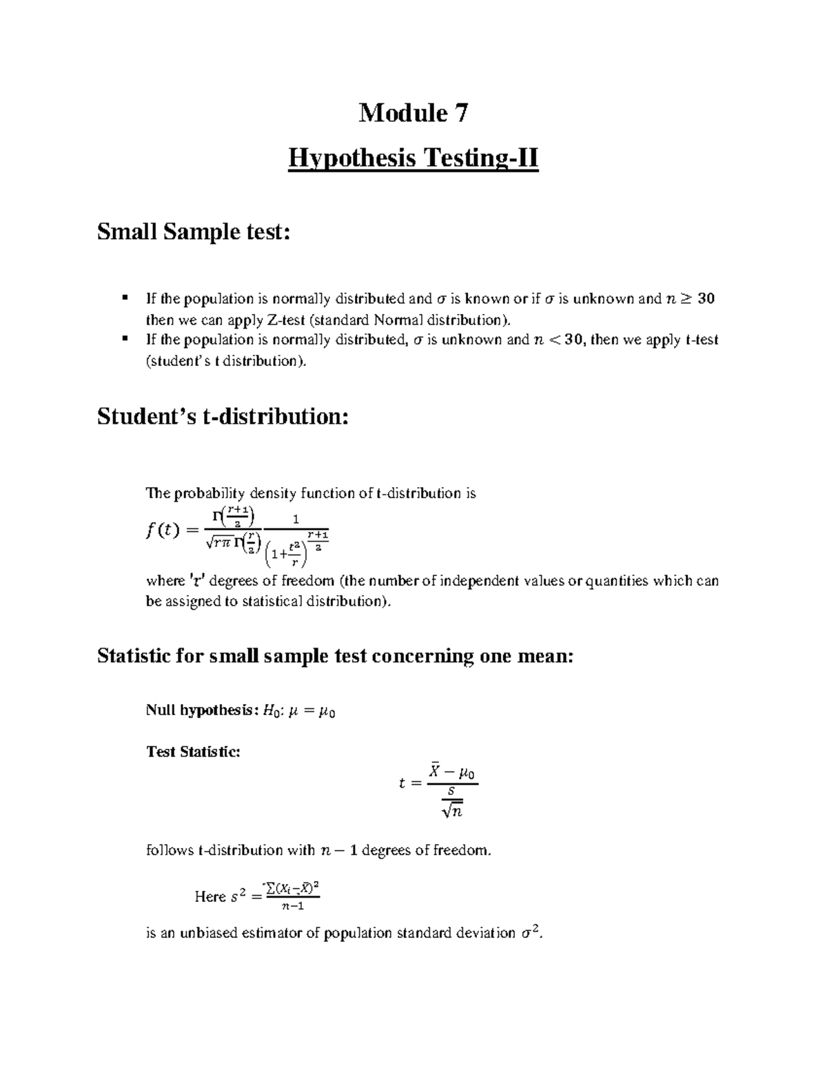 Module 7 notes - Module 7 Hypothesis Testing-II Small Sample test: If ...