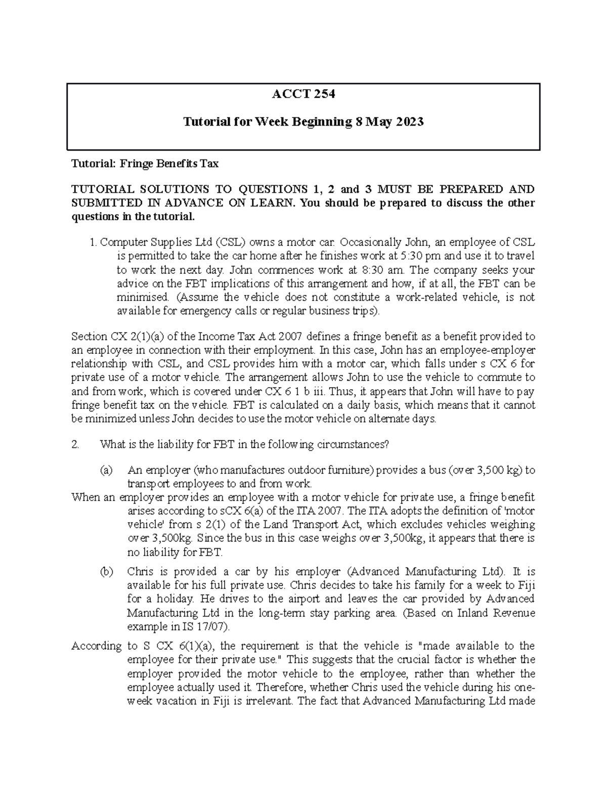 ACCT 254 FBT Tutorial Solutions - Week 8, May 2023 Submission - Studocu