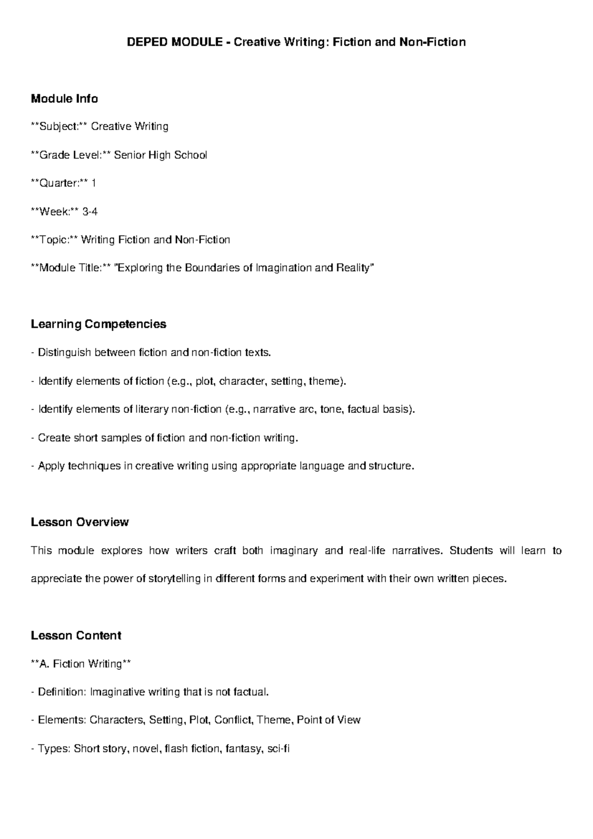 Creative Writing Module Fiction Non Fiction - DEPED MODULE - Creative ...
