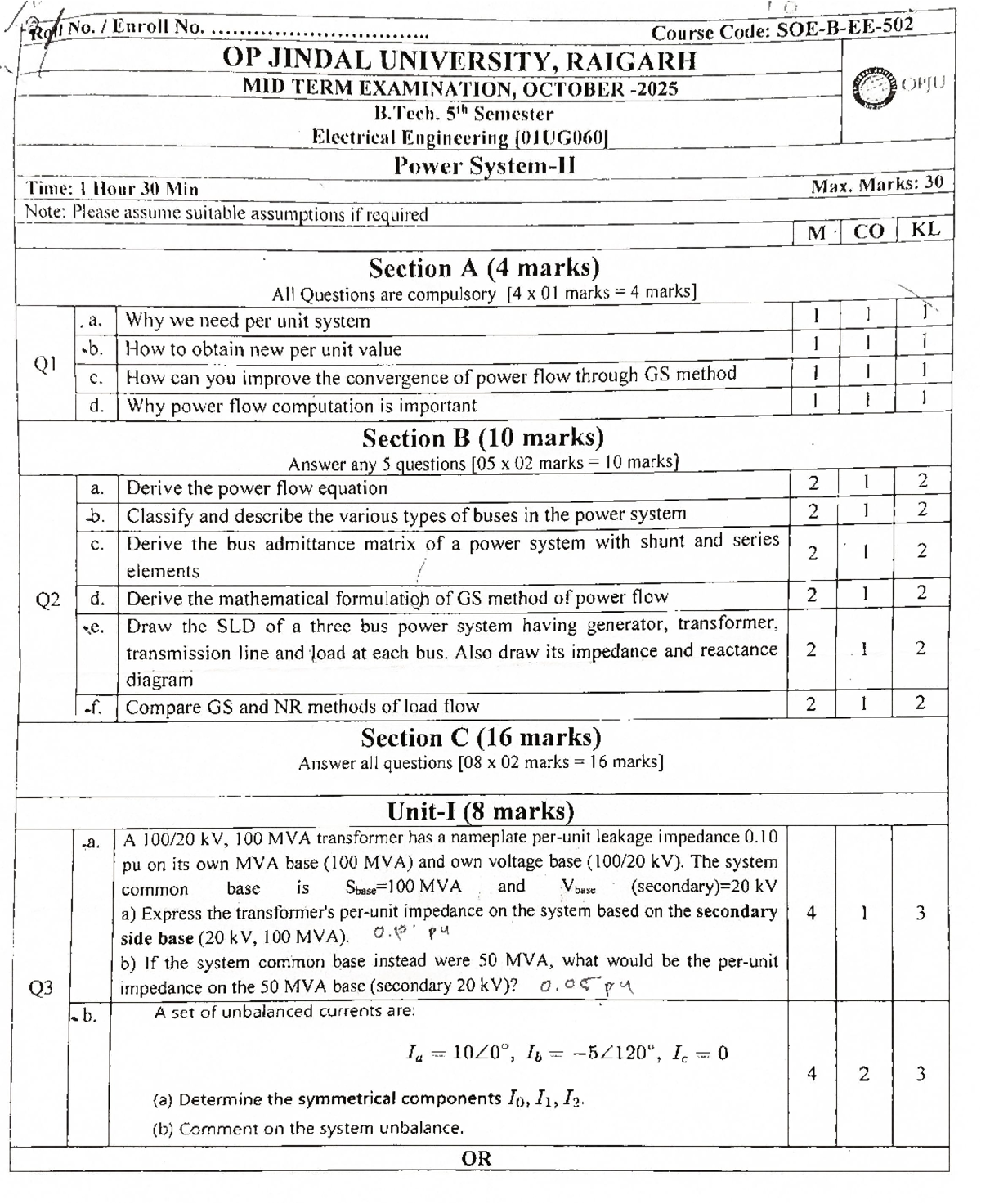 Midterm Exam Paper: B.Tech. 5th Sem - Electrical Engineering (Course ...