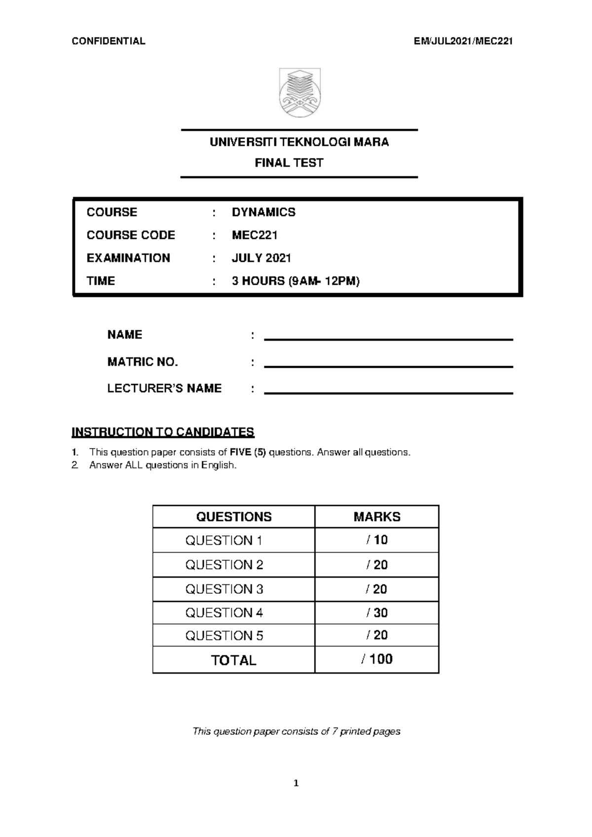 Final Test: Dynamics MEC - July 2021 Past Year Questions - Studocu