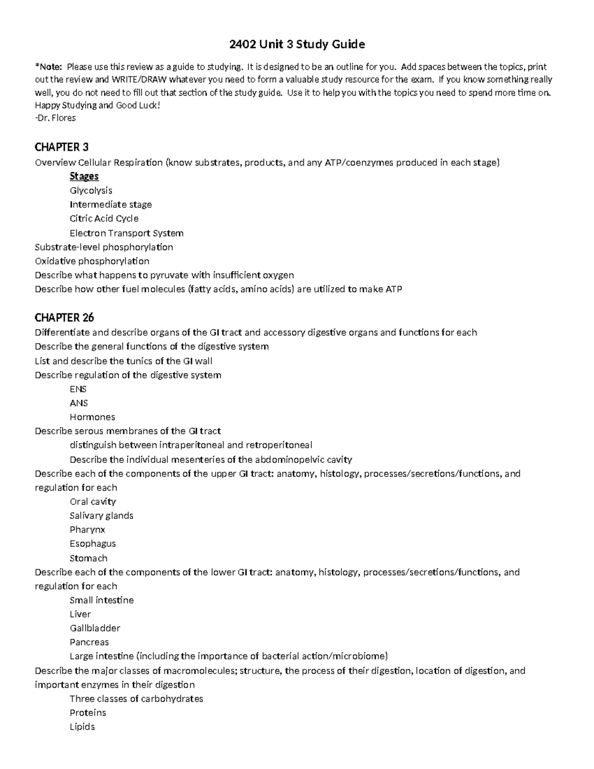 2402 Unit 3 Study Guide: Cellular Respiration & Digestion Essentials ...