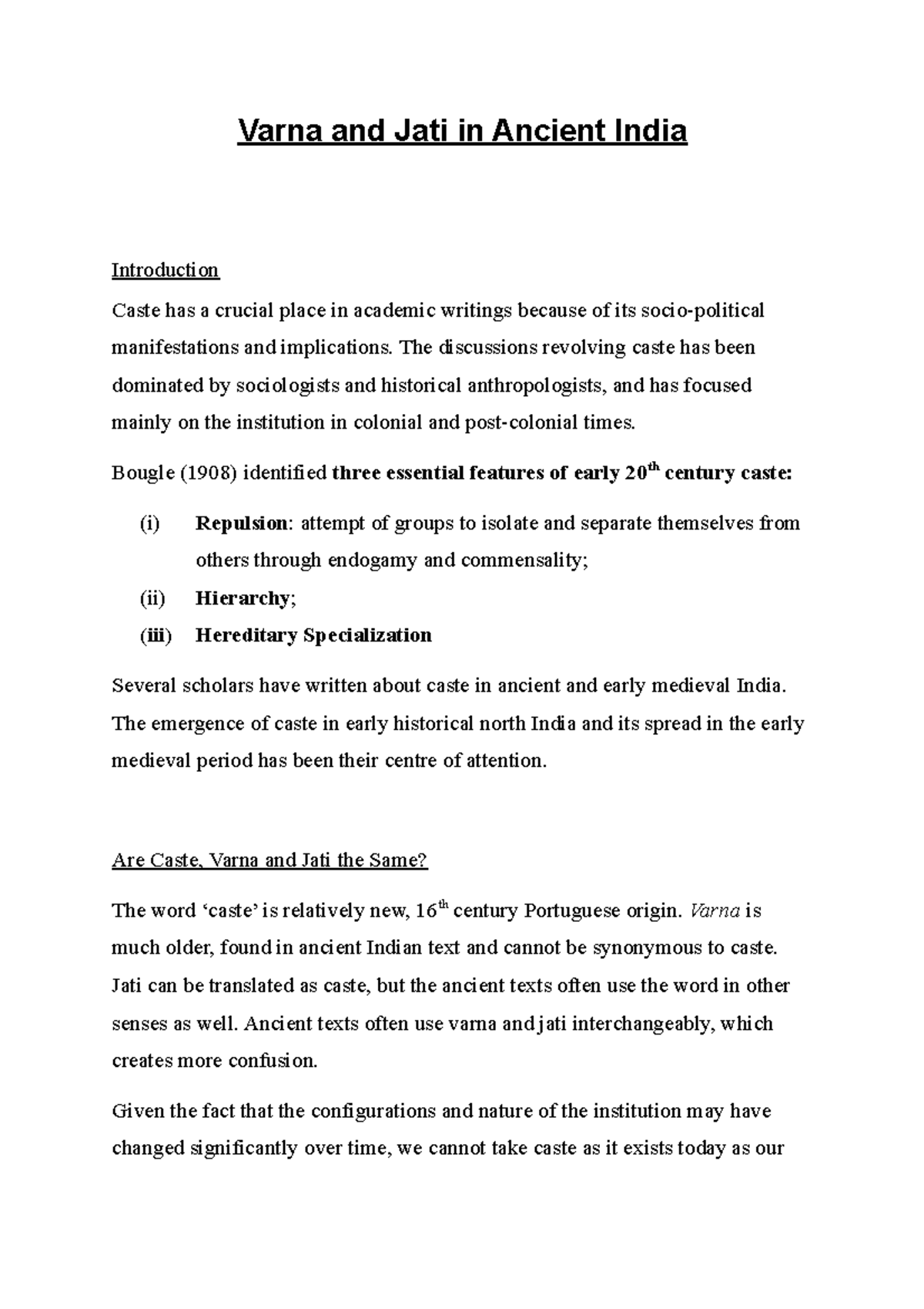 Varna and Jati: Caste Systems in Ancient Indian Society Assignment ...