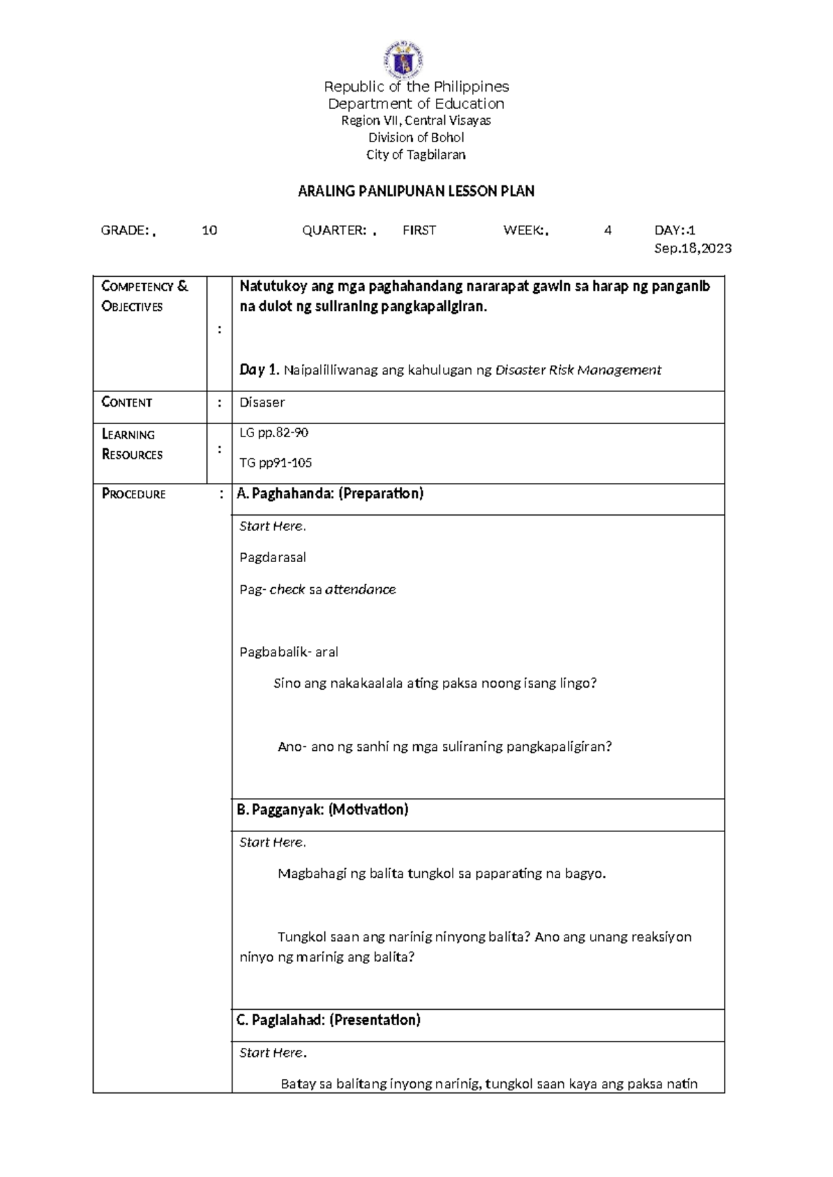 AP10 Lesson Plan Q1 WK4 DAY 1: Disaster Risk Management - Studocu