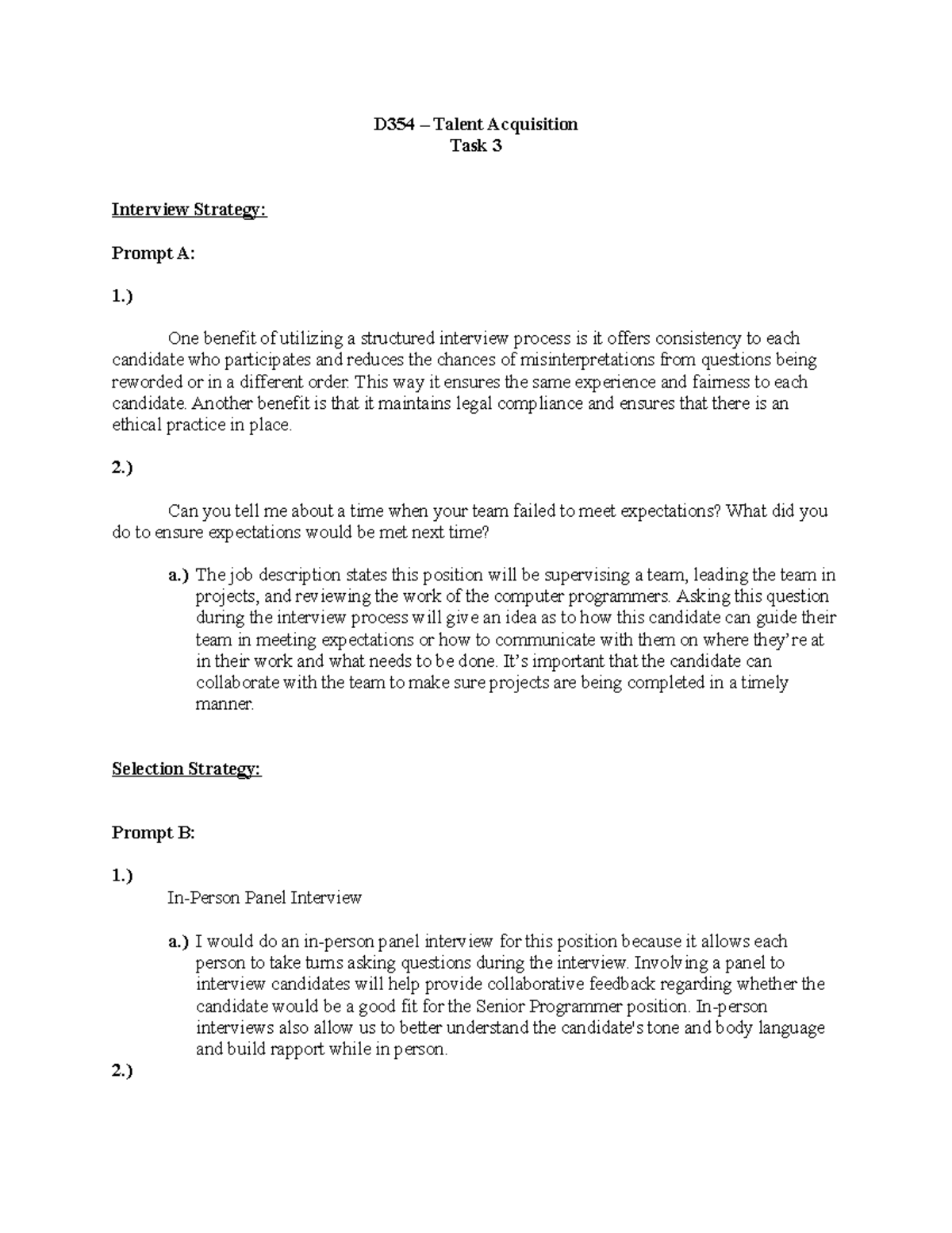 D354 - Task 3 - Interview and Selection Strategy Insights - Studocu