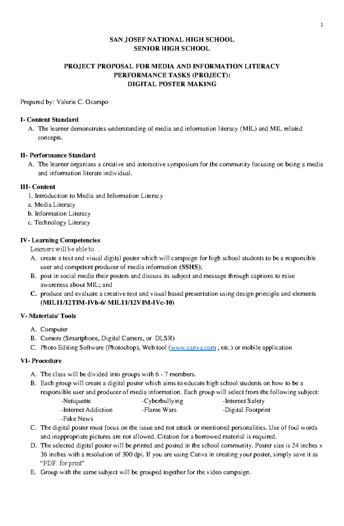 MIL Performance Task: Digital Poster Making Project Proposal - Studocu