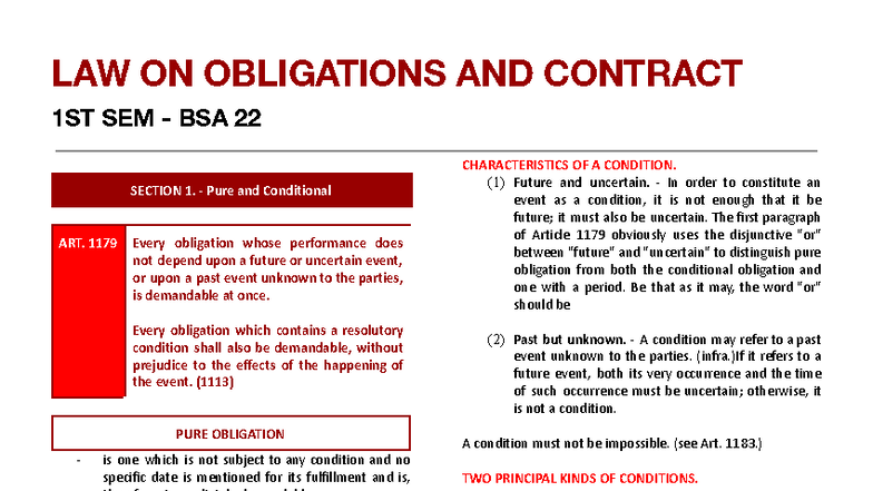 BSA 22 1ST SEM LAW ON OBLIGATIONS AND CONTRACT REVIEWER - Studocu