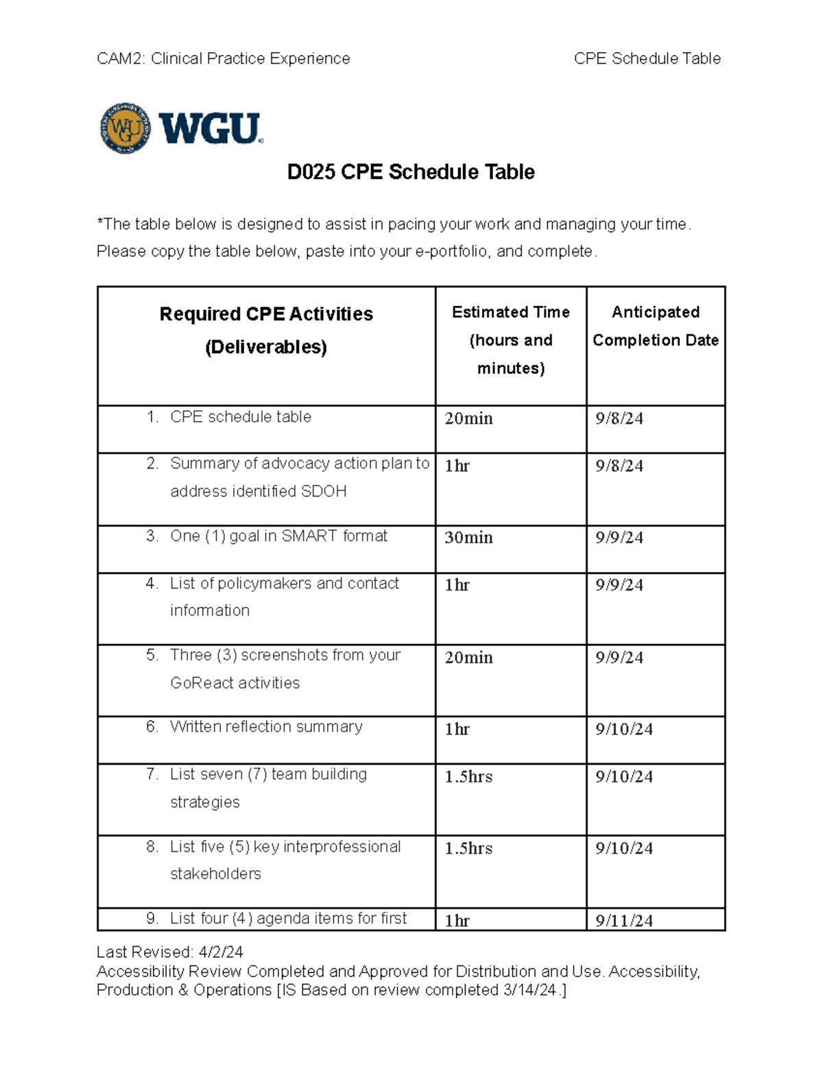 CPE D025 Schedule Table Template for Clinical Practice Experience - Studocu