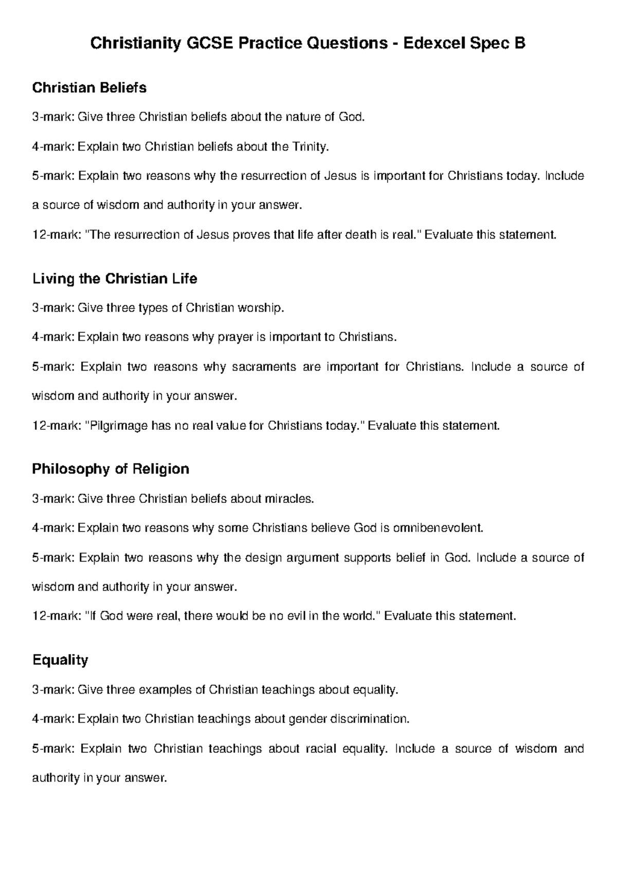 Christianity GCSE Practice Questions: Edexcel Spec B on Beliefs ...