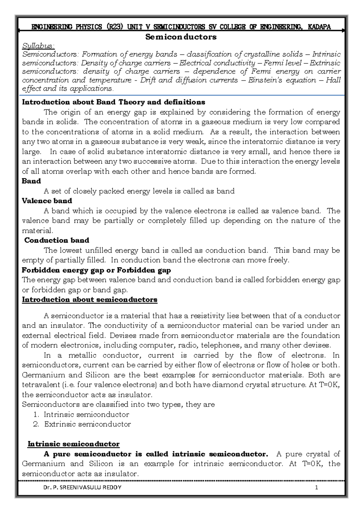ENGINEERING PHYSICS (R23) UNIT V SEMICONDUCTORS NOTES - Studocu
