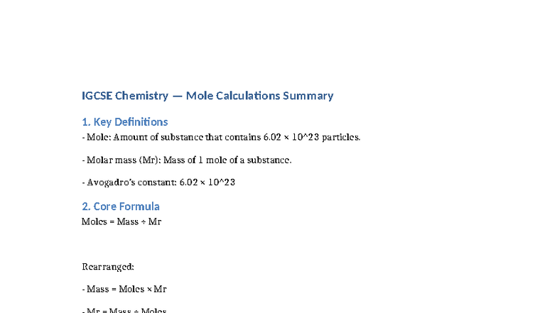 IGCSE Chemistry: Mole Calculations Summary and Key Concepts - Studocu