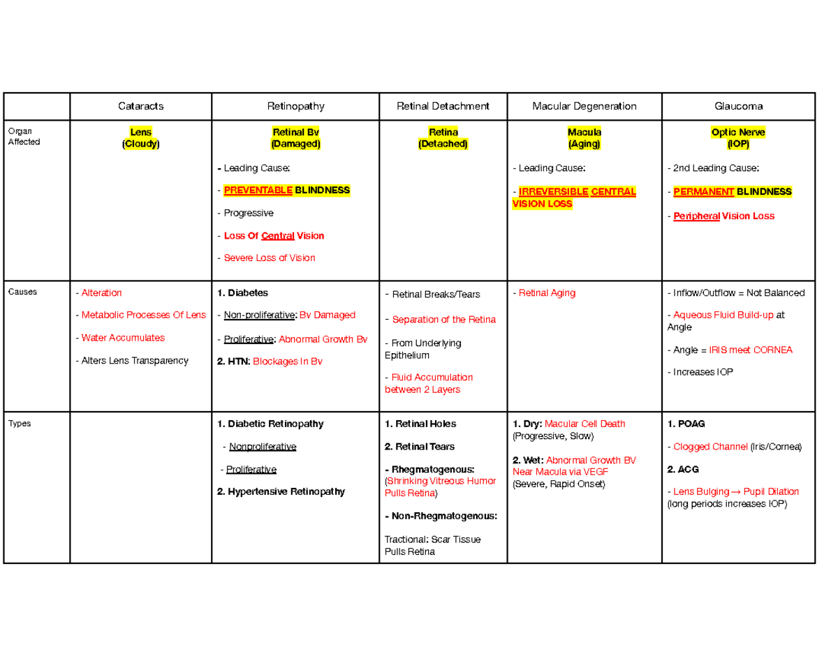 NUR-155 Sensory EYE Chart - Cataracts Retinopathy Retinal Detachment ...