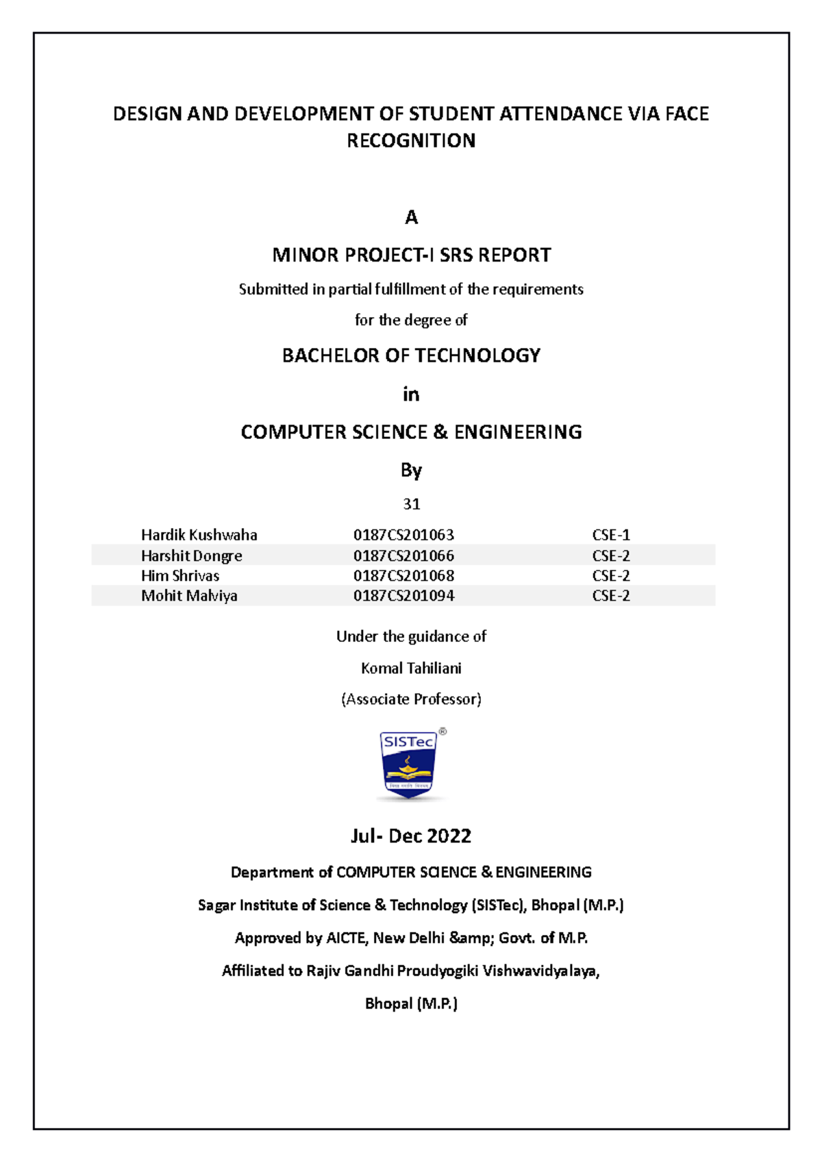 SRS for Student Attendance System via Face Recognition (Minor Project ...