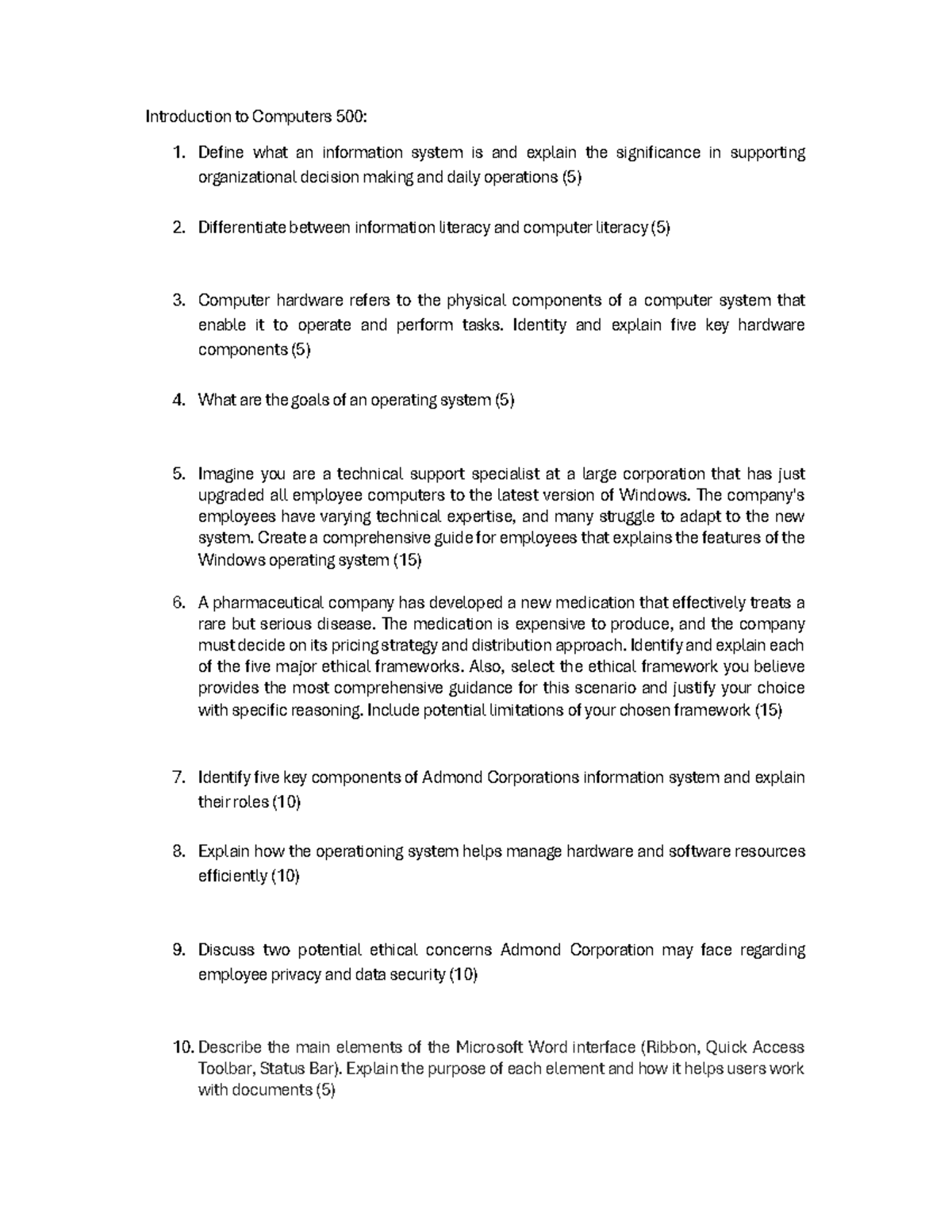 Computer 500: Key Questions on Information Systems & Ethics - Studocu