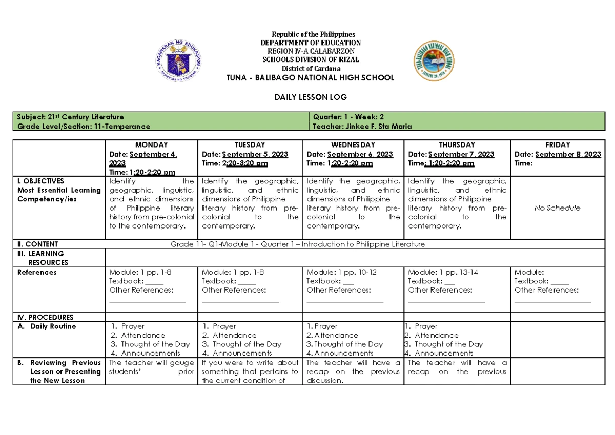 21st Century Literature Daily Lesson Log - Grade 1 (Week 2) - Studocu