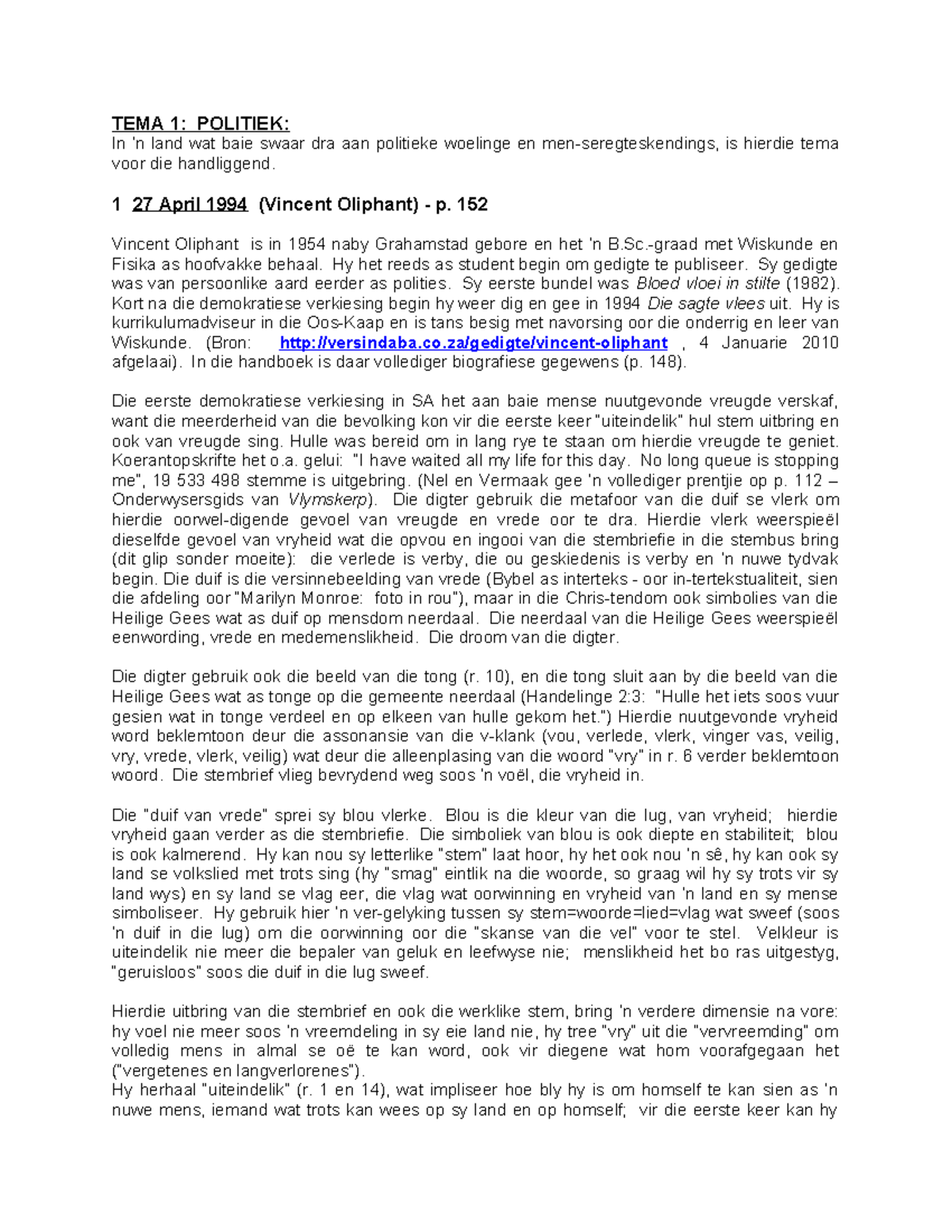27 Apr 1994 - Analise van Vincent Oliphant se Poëzie - Studocu