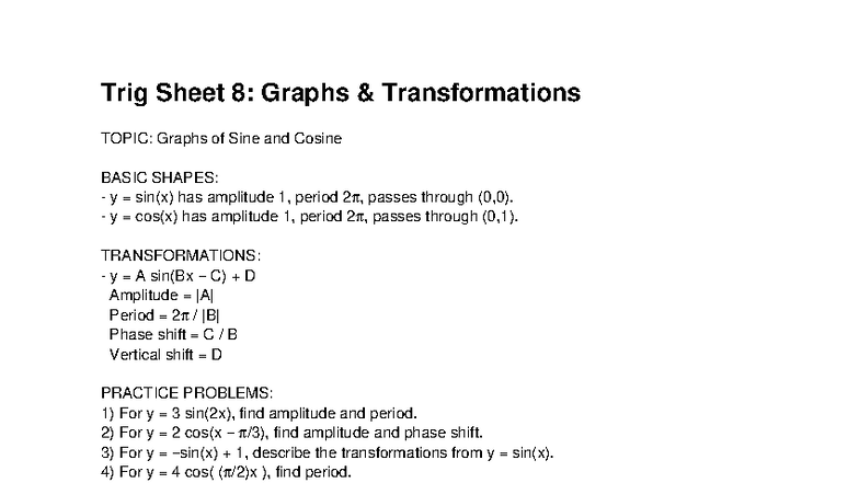 Trig Sheet 8: Graphs & Transformations of Sine and Cosine - Studocu